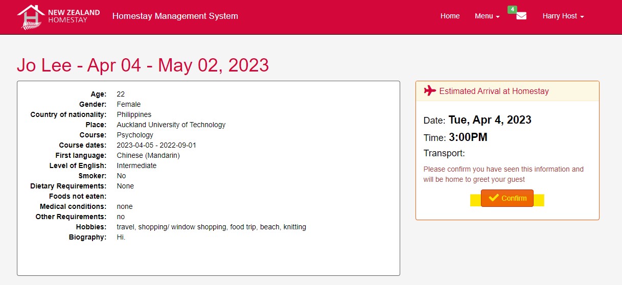 Confirming Your Guest’s Arrival - New Zealand Homestay